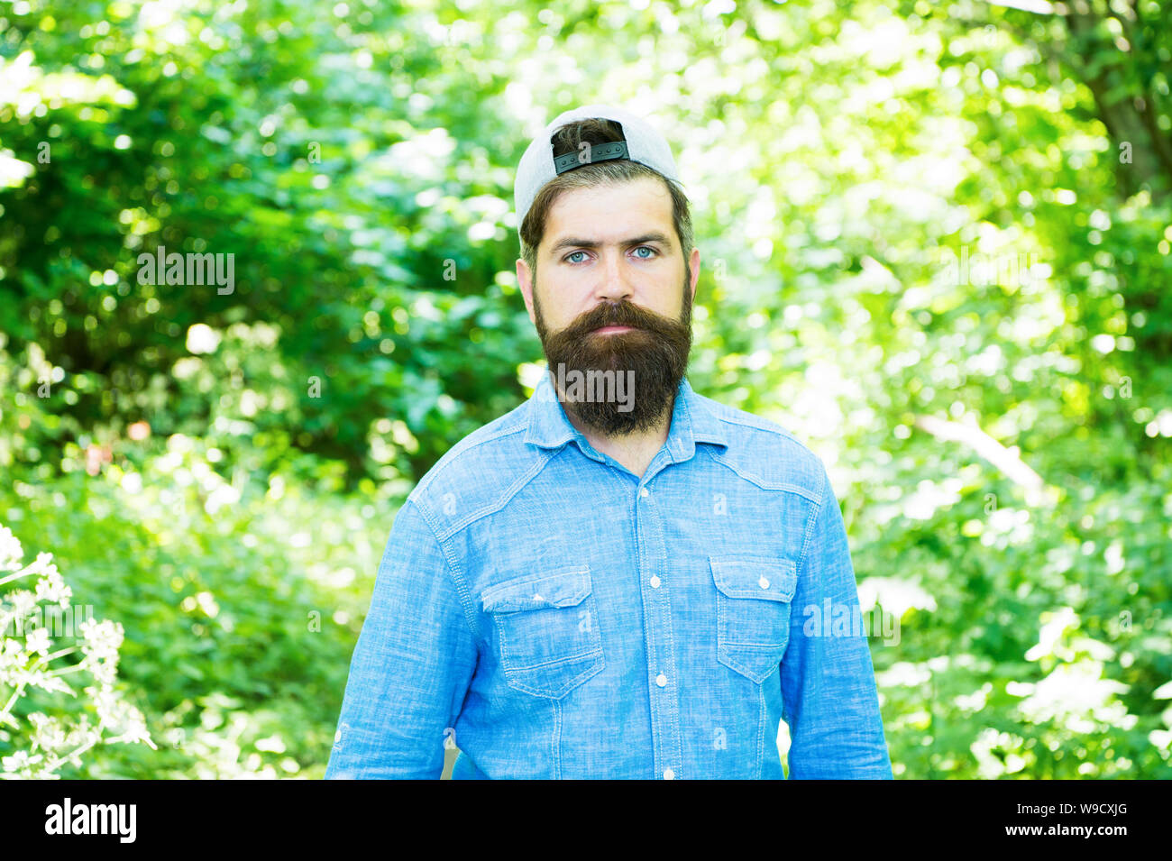 Man handsome bearded guy in sunny forest. United with environment. Go ...