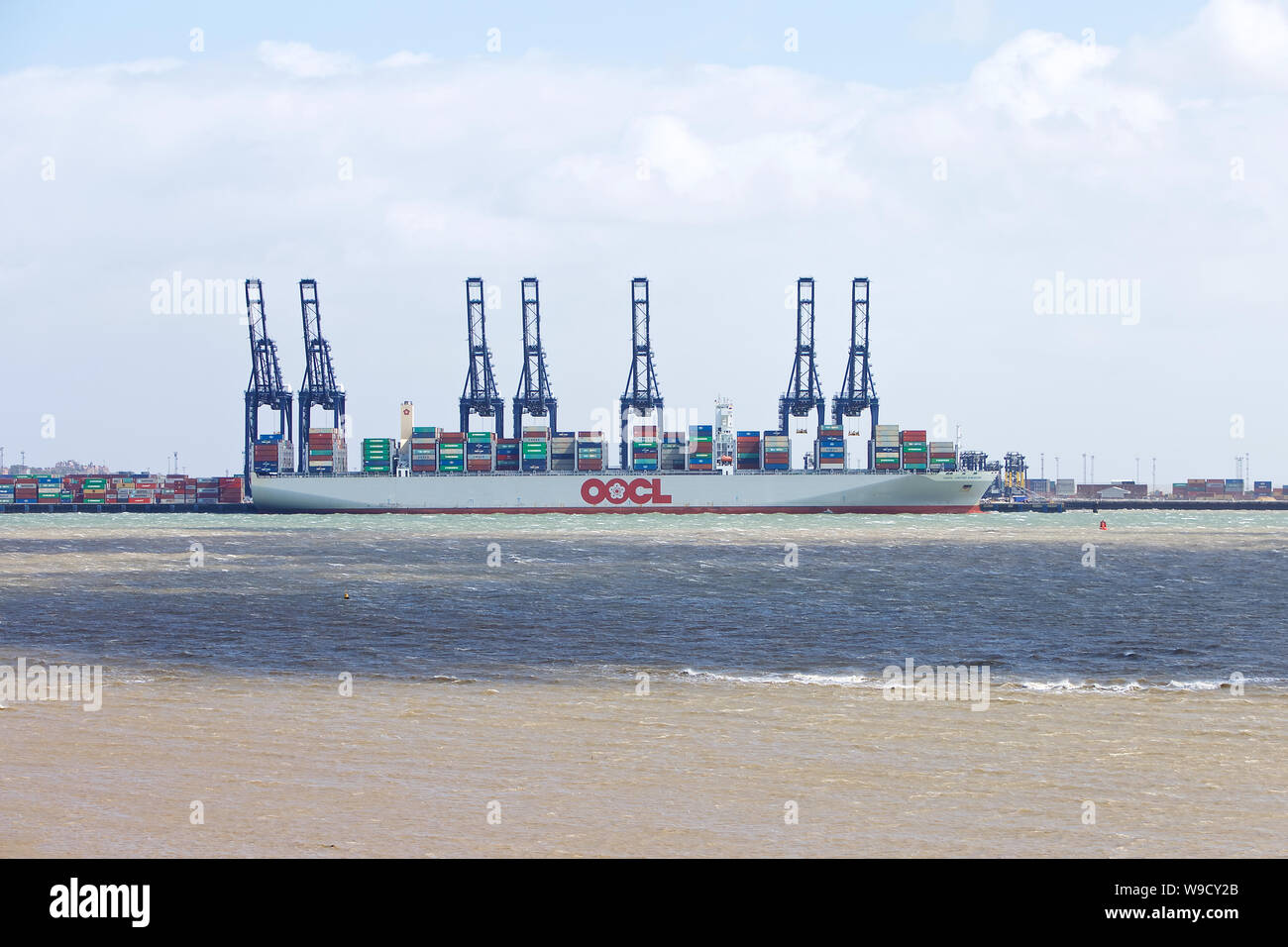Container ship OOCL United Kingdom docked at the Port of Felixstowe ...