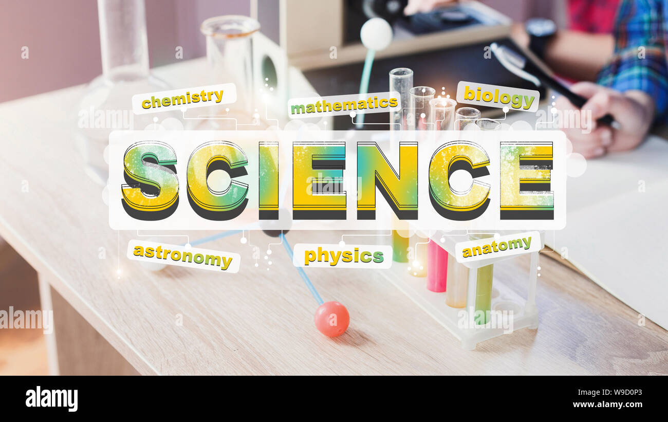 Word science and components on chemistry laboratory background Stock ...