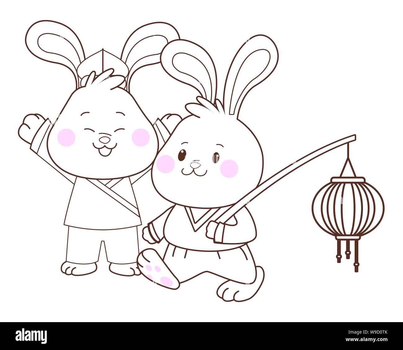 Rabbits in mid autumn festival cartoons in black and white Stock Vector ...