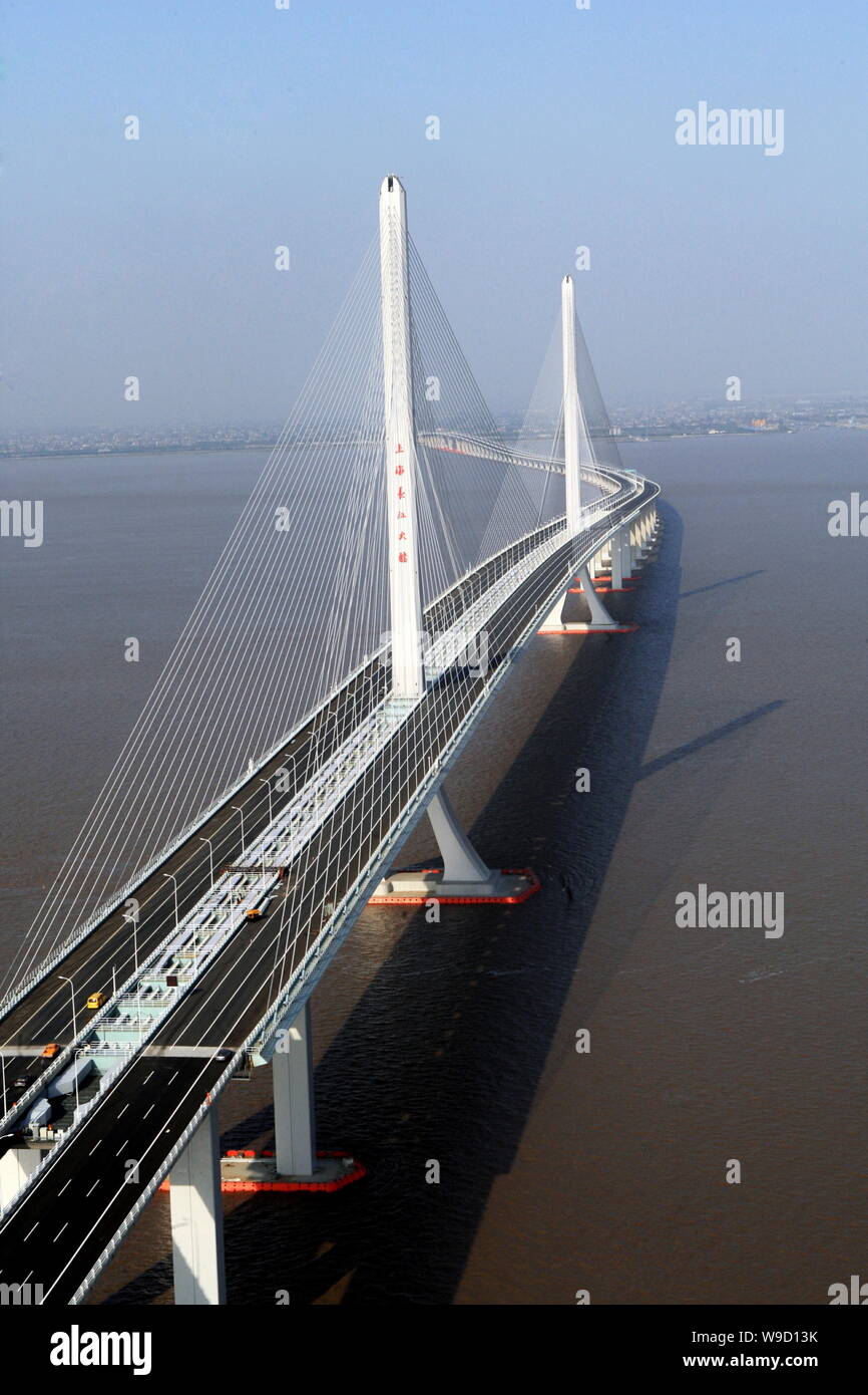 Aerial view of the Shanghai Yangtze River Bridge which links Chongming ...