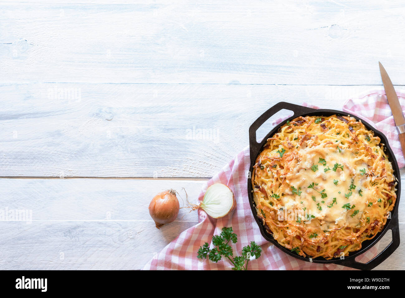 Bavarian cheese spaetzle, a traditional Oktoberfest dish with egg ...