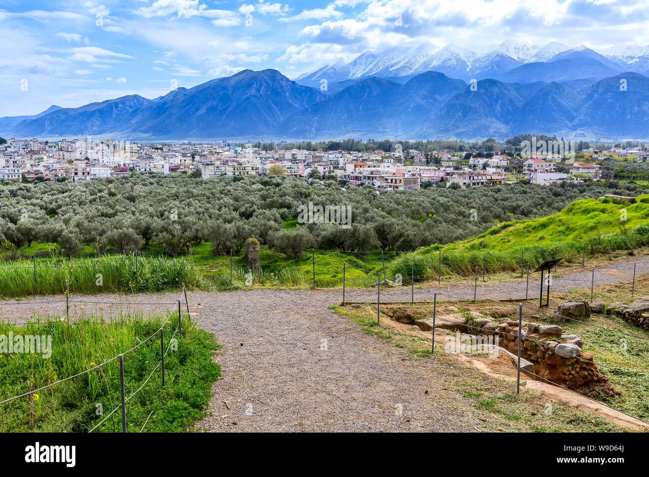 Aerial panoramic view of Sparta city with Taygetus mountains and ...
