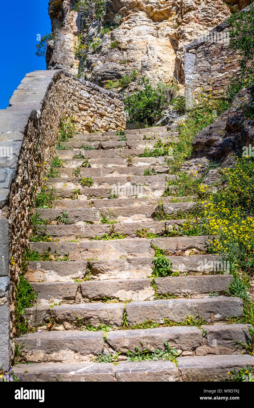 Ancient castle staircase at Palamidi fortress on hill top in Nafplio or ...