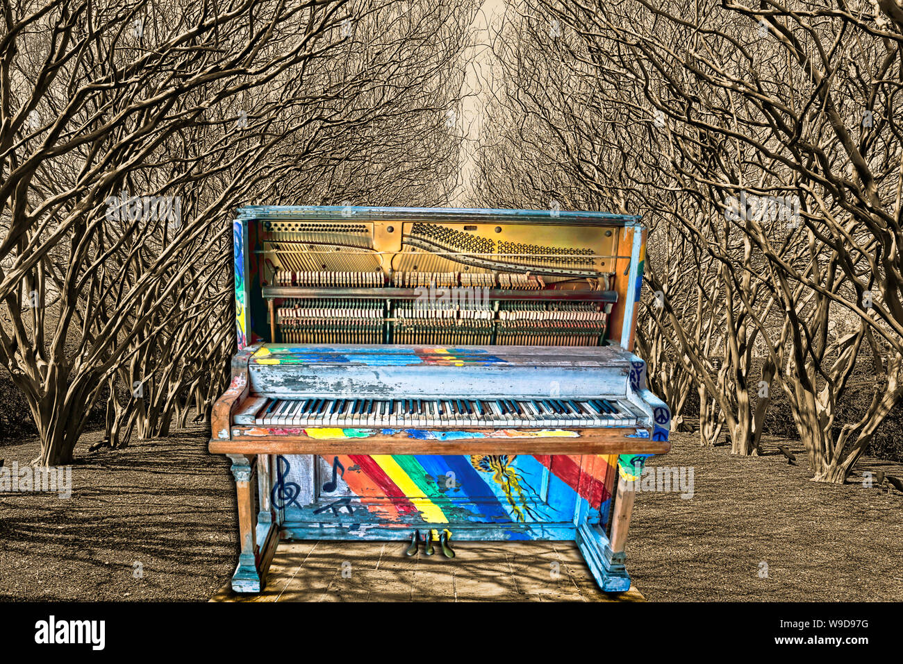 Colorful jazz piano in tree tunnel garden Stock Photo - Alamy