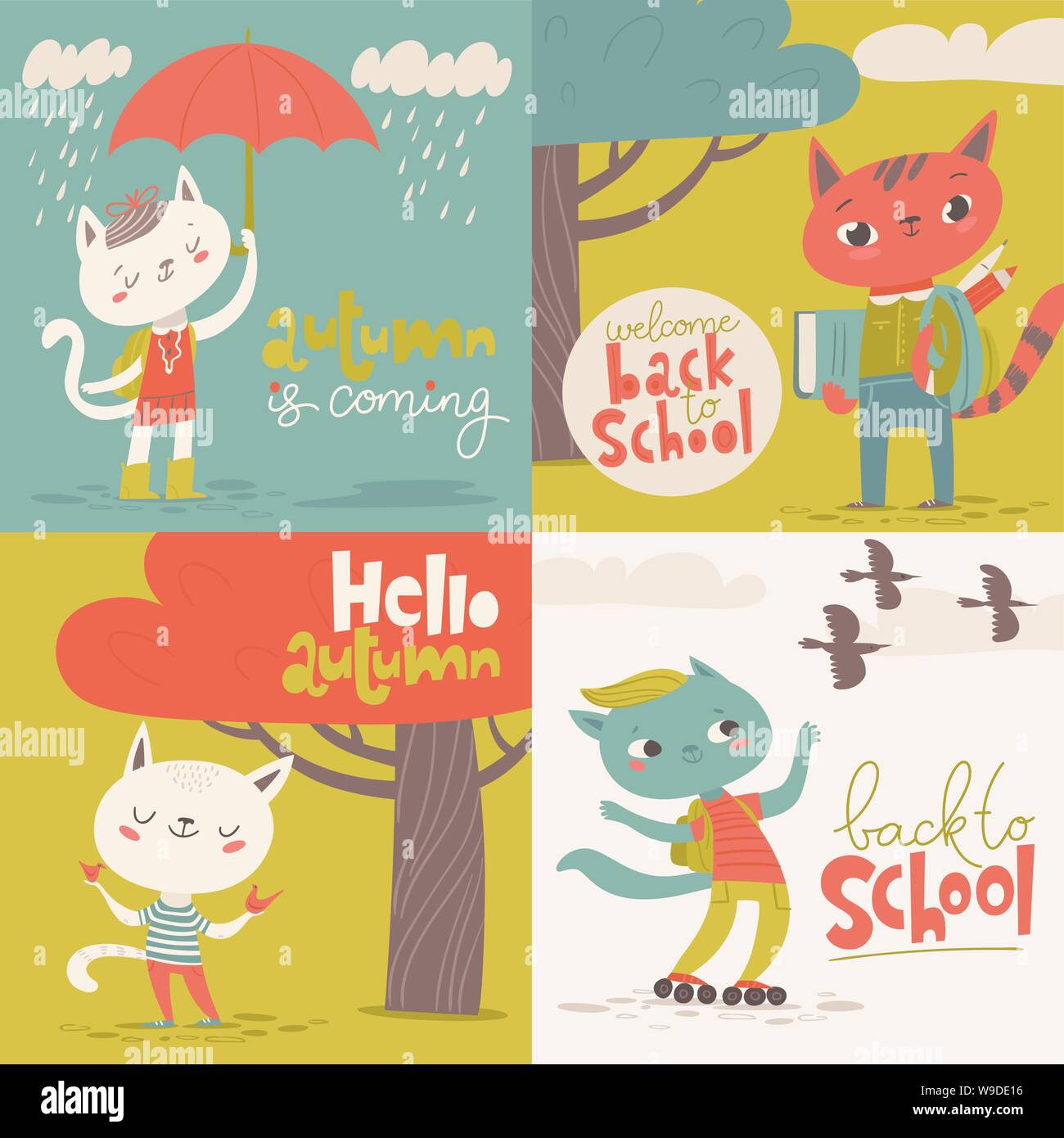 Set of four vector modern style welcome back to school designs with ...
