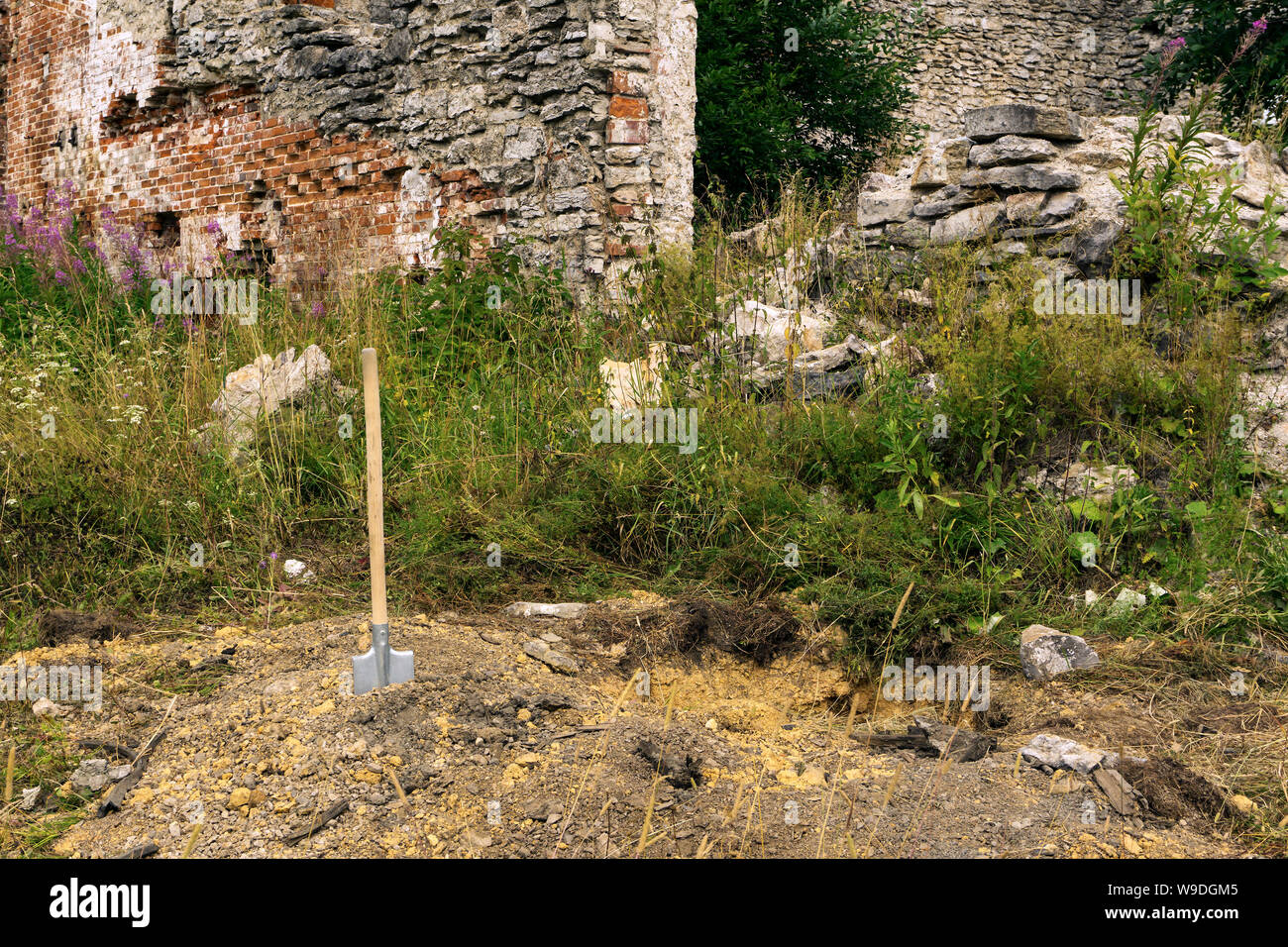 search for a treasure in ruins - a shovel stuck into the ground next to ...