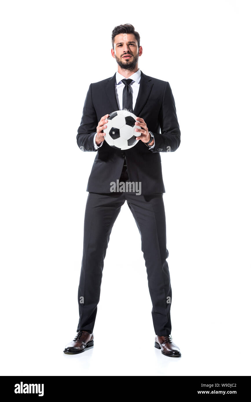 handsome businessman in formal wear with soccer ball Isolated On White ...