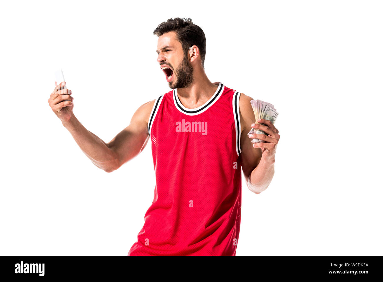 angry basketball player holding money and smartphone Isolated On White ...