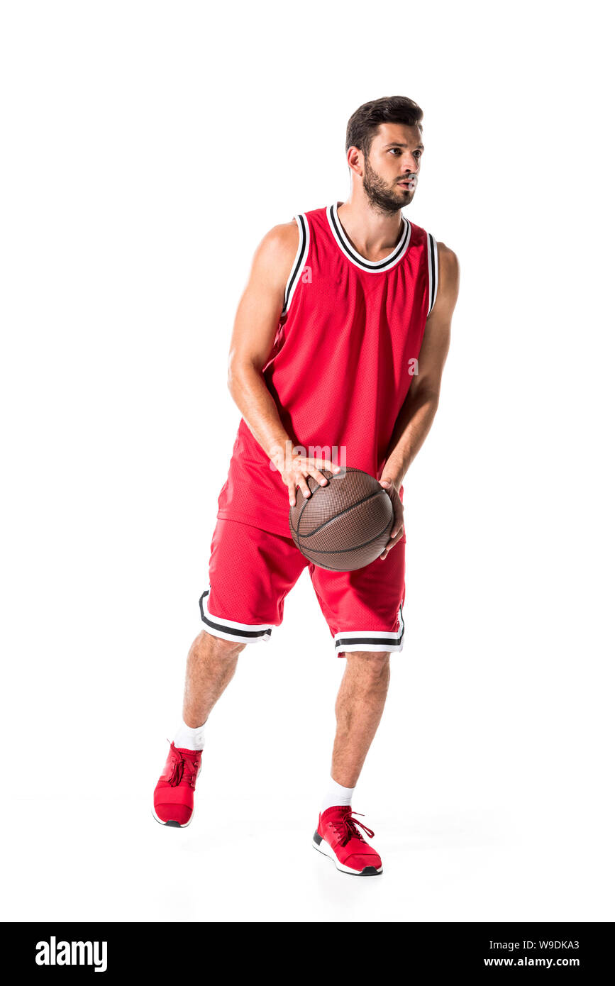 bearded athletic basketball player in uniform with ball Isolated On ...