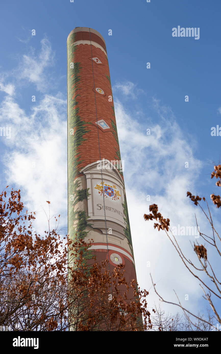 Chimney in Suresnes, Paris painted with the Ville de Suresnes coat of ...