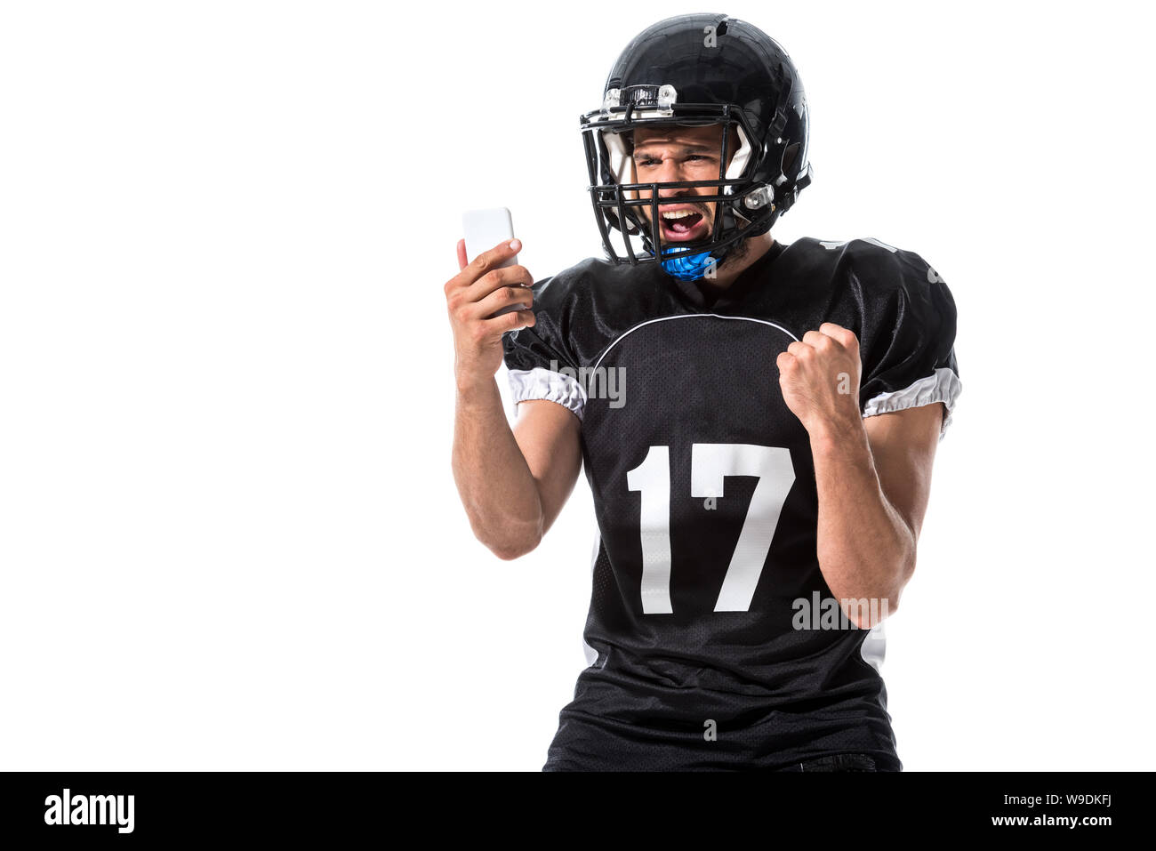 yelling American Football player with smartphone Isolated On White ...