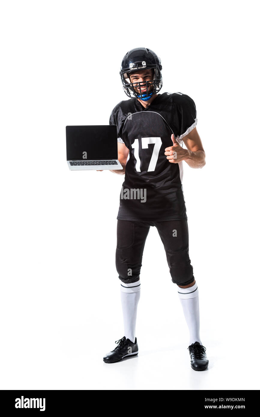 American Football player with laptop showing thumb up Isolated On White ...