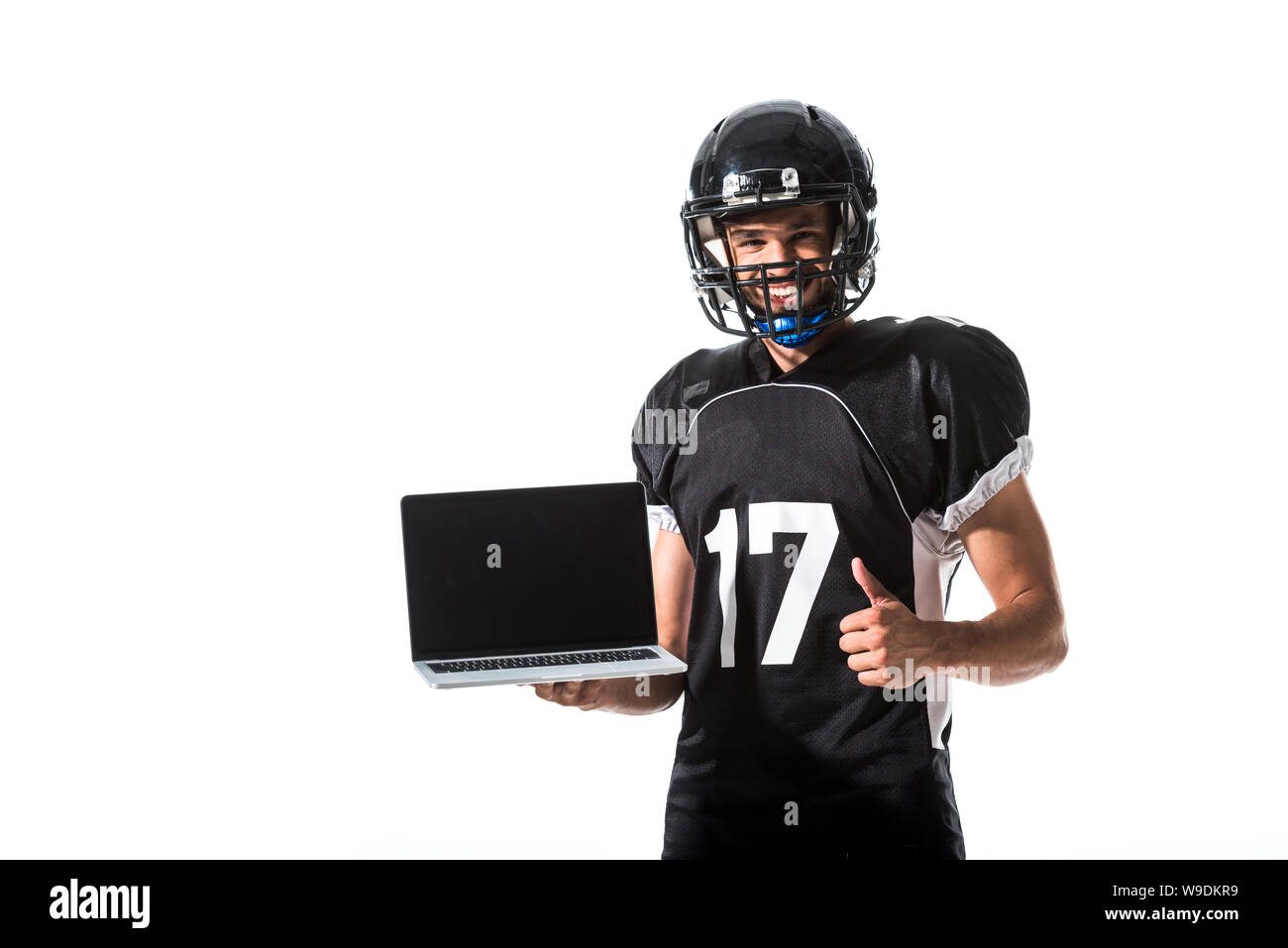 American Football player with laptop showing thumb up Isolated On White ...