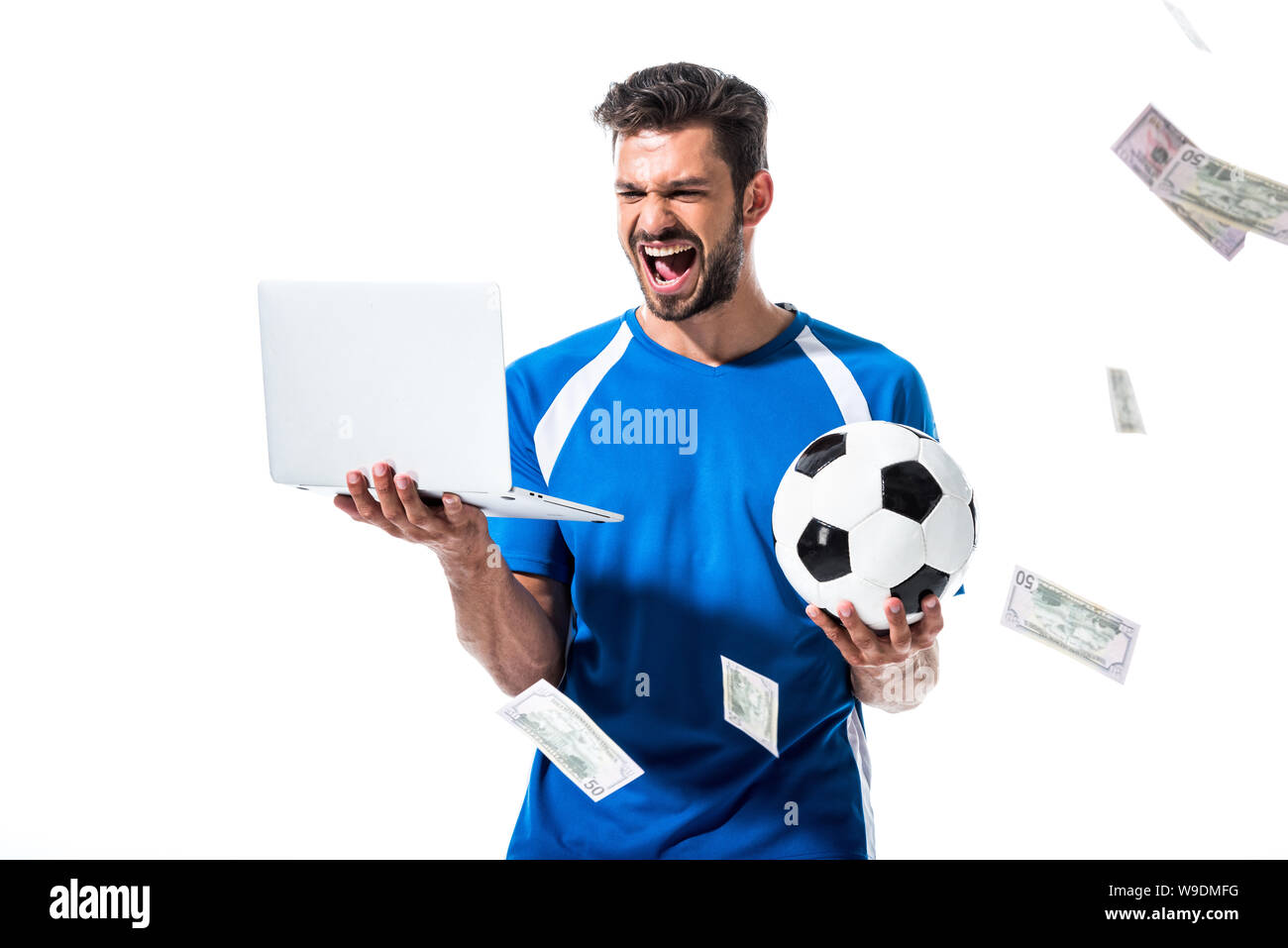 cheering soccer player with ball and laptop near falling money Isolated ...