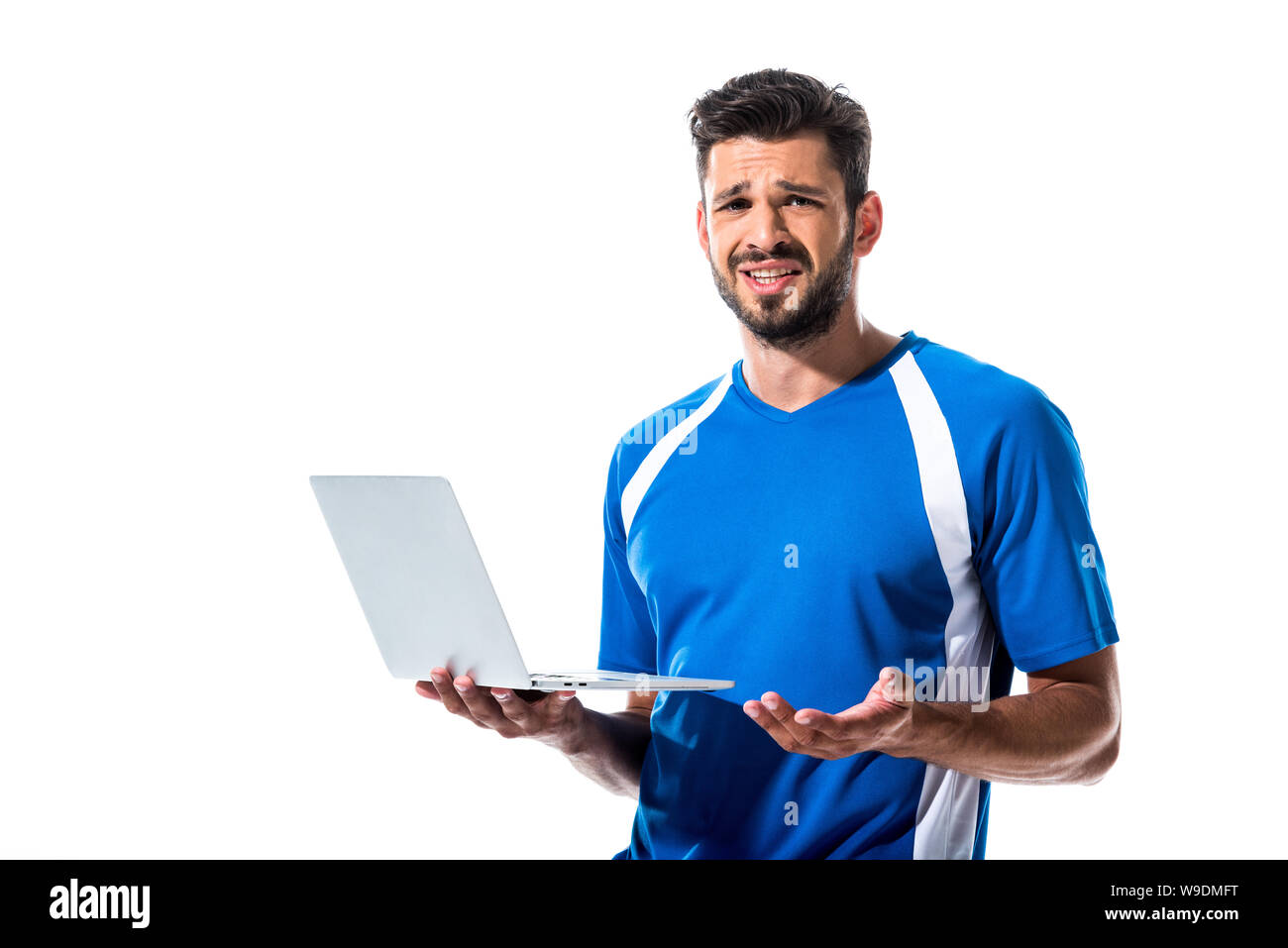 confused soccer player using laptop Isolated On White Stock Photo - Alamy