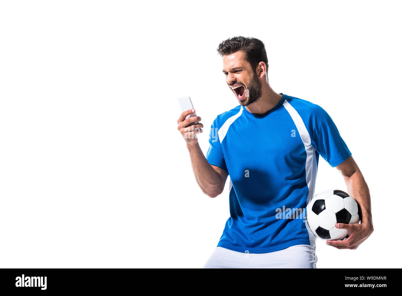 soccer player with ball yelling and using smartphone Isolated On White ...