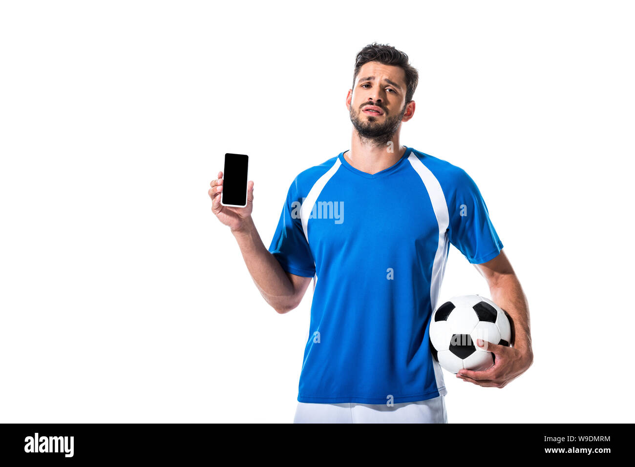 soccer player with ball and smartphone with blank screen Isolated On ...