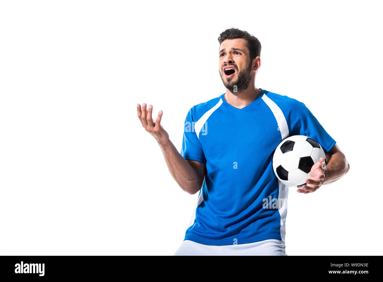 disappointed soccer player with ball Gesturing Isolated On White Stock ...