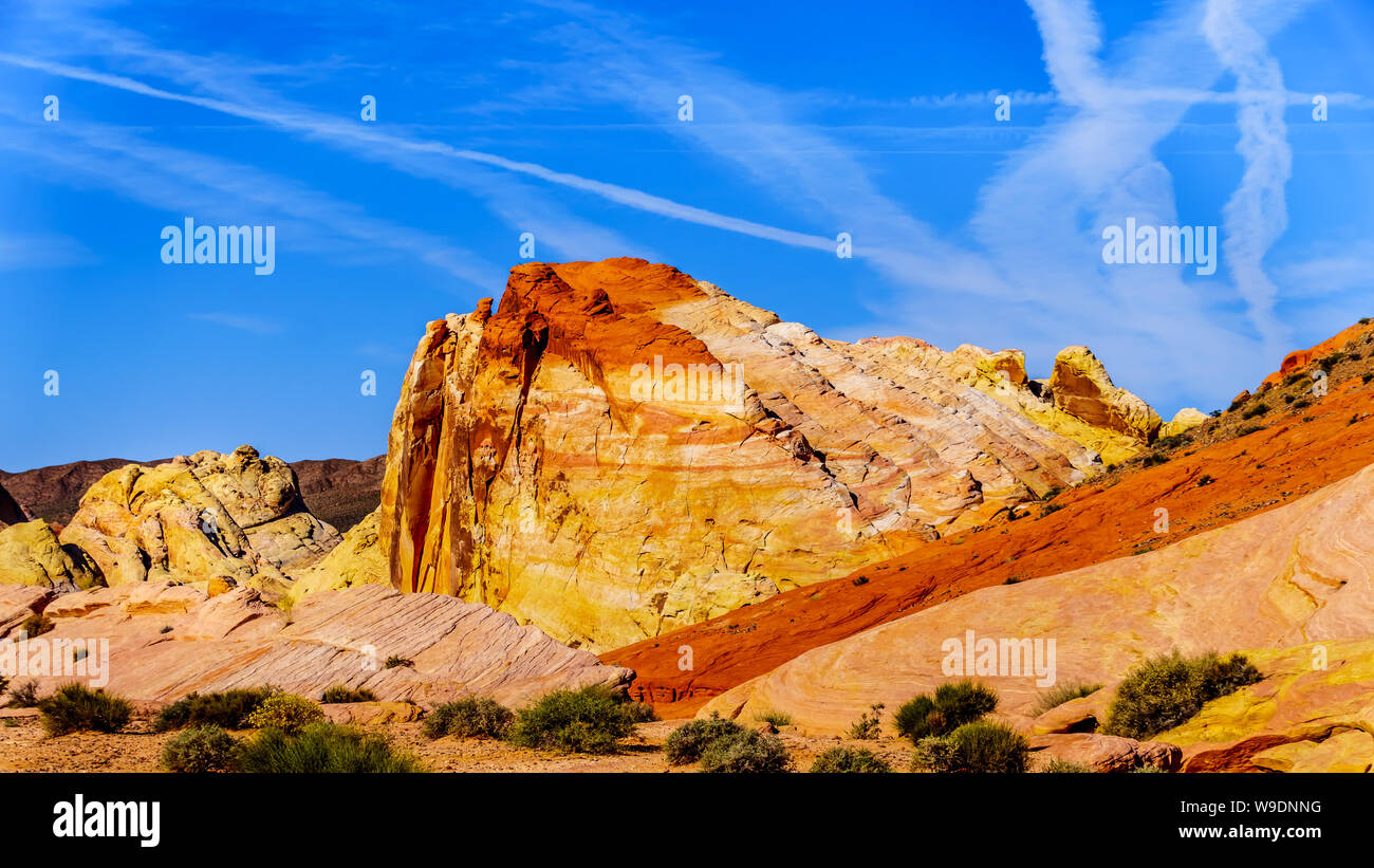 The colorful red, yellow and white sandstone rock formations along the ...