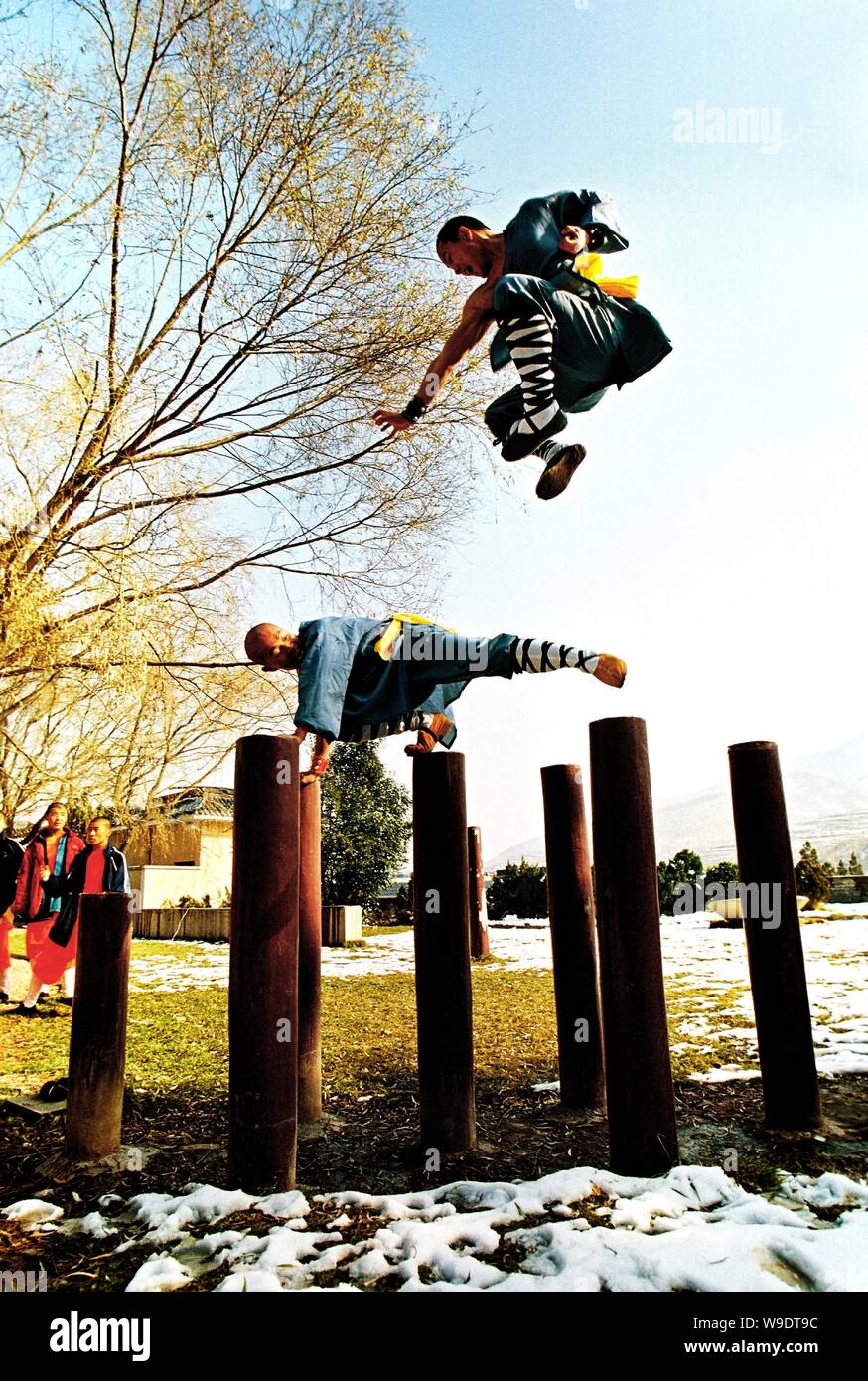 Two Shaolin monks train Shaolin kungfu at Shaolin Temple in Songshan ...