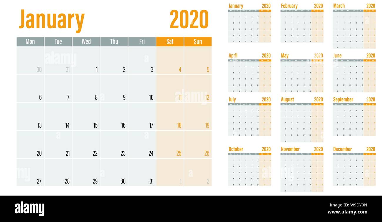Calendar planner 2020 template vector illustration all 12 months week ...