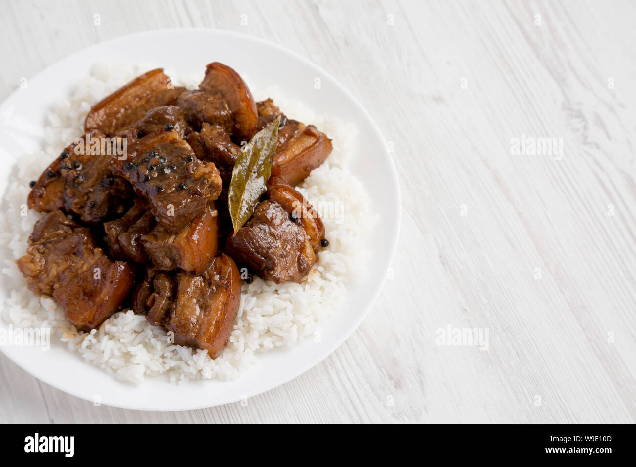 Homemade Filipino Adobo Pork with rice on a white plate over white ...