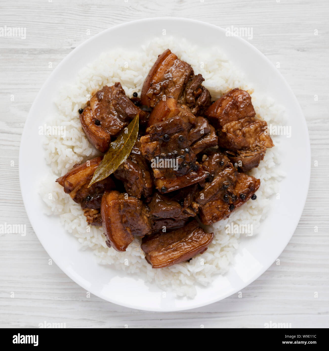 Homemade Filipino Adobo Pork with rice on a white plate over white ...