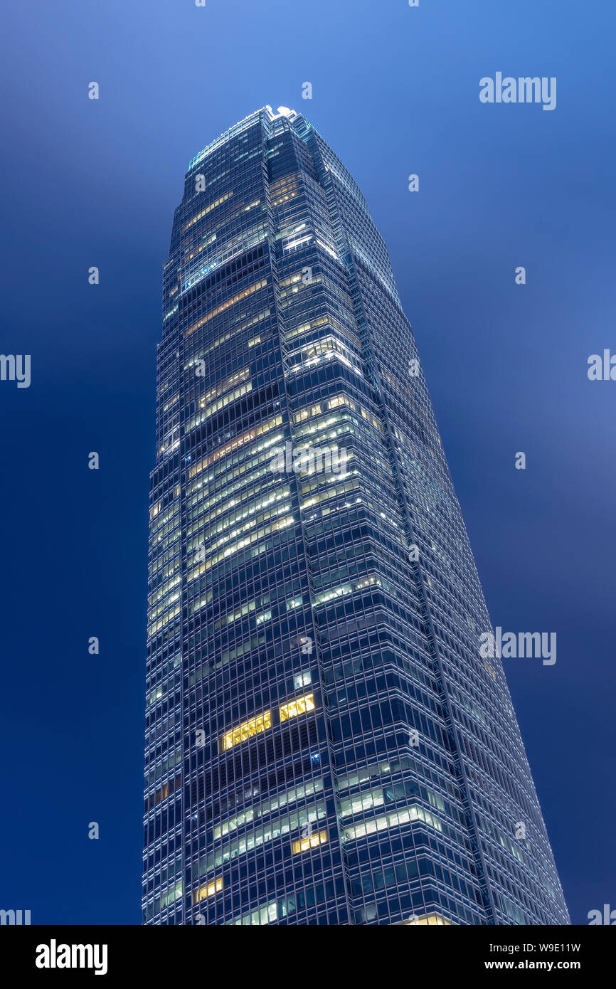 Close up view of Hong Kong landmark office building at night in Hong ...