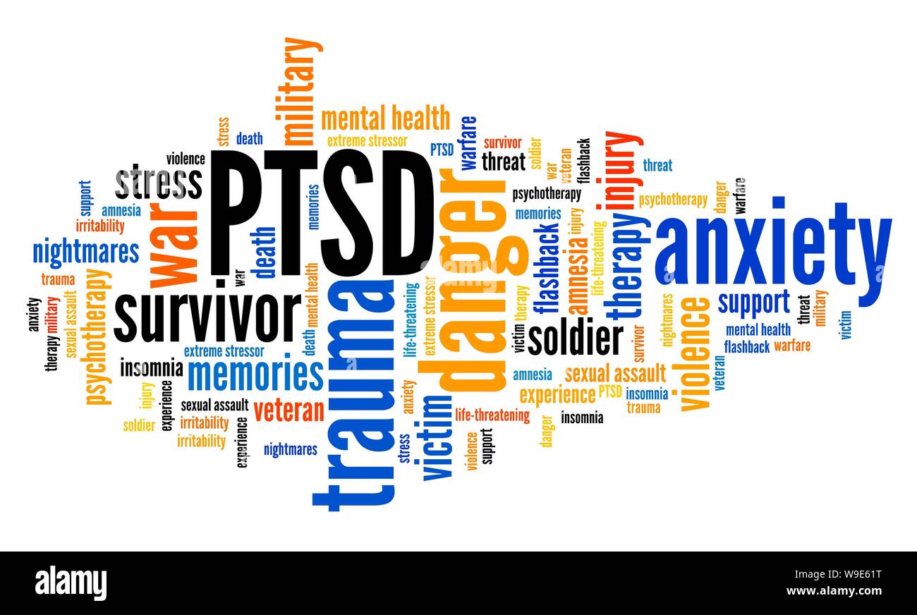 PTSD - post traumatic stress disorder. Mental health issue. Word cloud ...