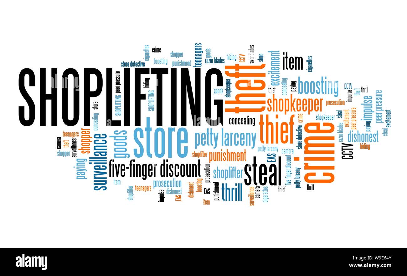 Shoplifting - retail industry crime problem. Word cloud sign Stock ...