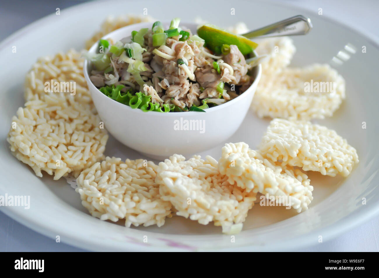 crispy rice,crispy rice cake or rice crackers with spicy tuna salad in ...