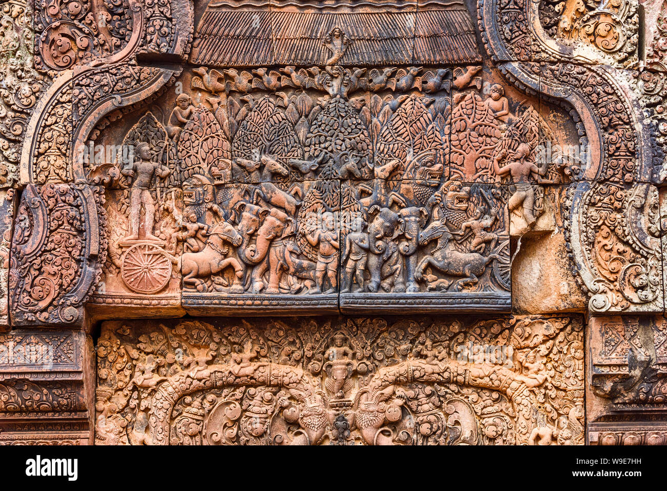 pediment shows the burning of Khandava Forest in Banteay Srei temple ...