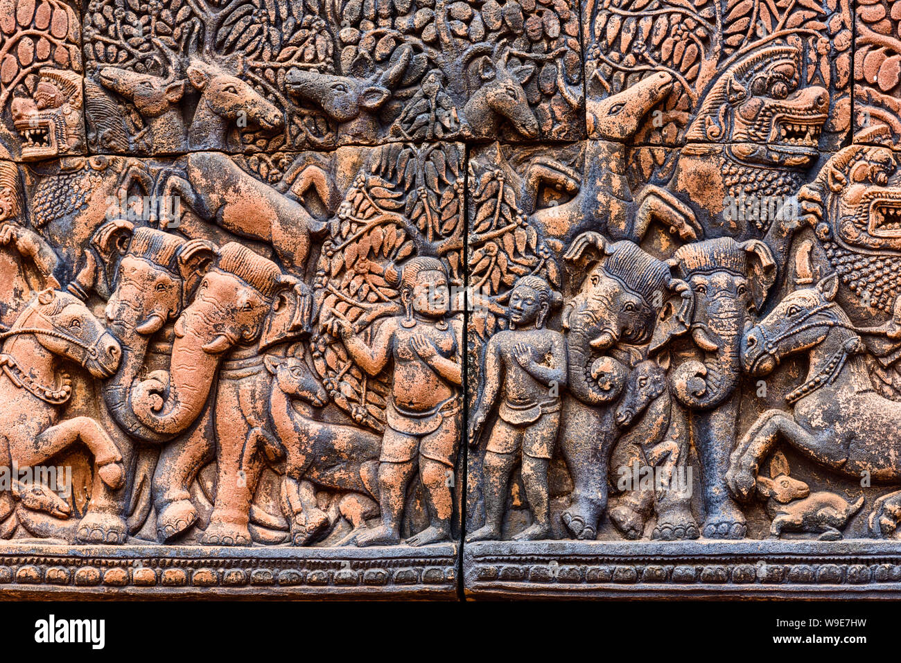 pediment shows the burning of Khandava Forest in Banteay Srei temple ...