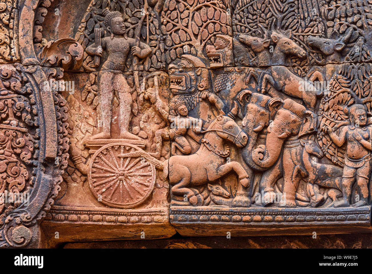 pediment shows the burning of Khandava Forest in Banteay Srei temple ...