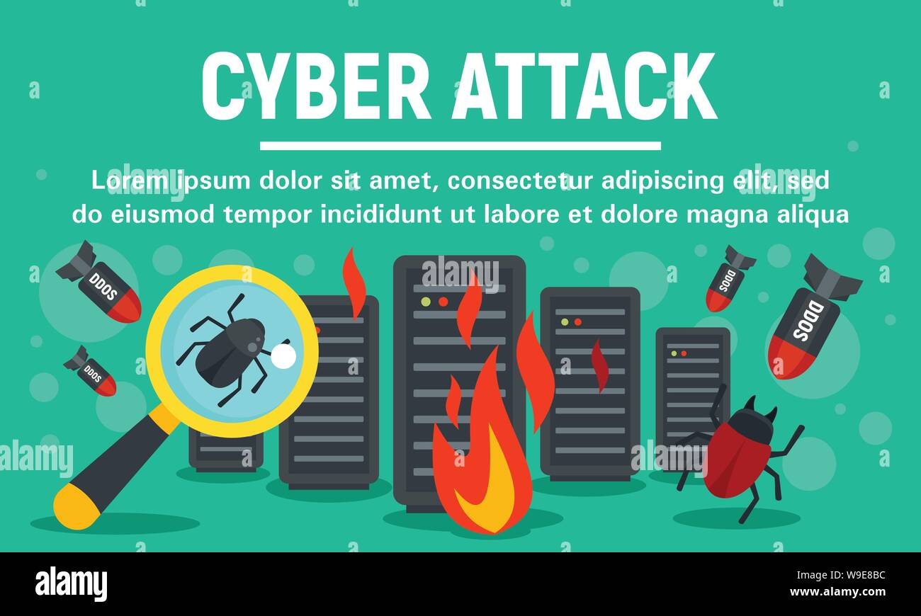Server cyber attack concept banner. Flat illustration of server cyber ...