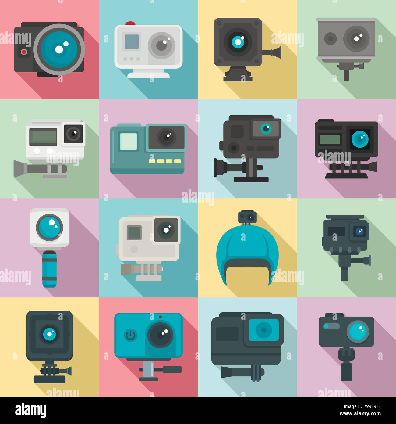 Action camera icons set. Flat set of action camera vector icons for web ...