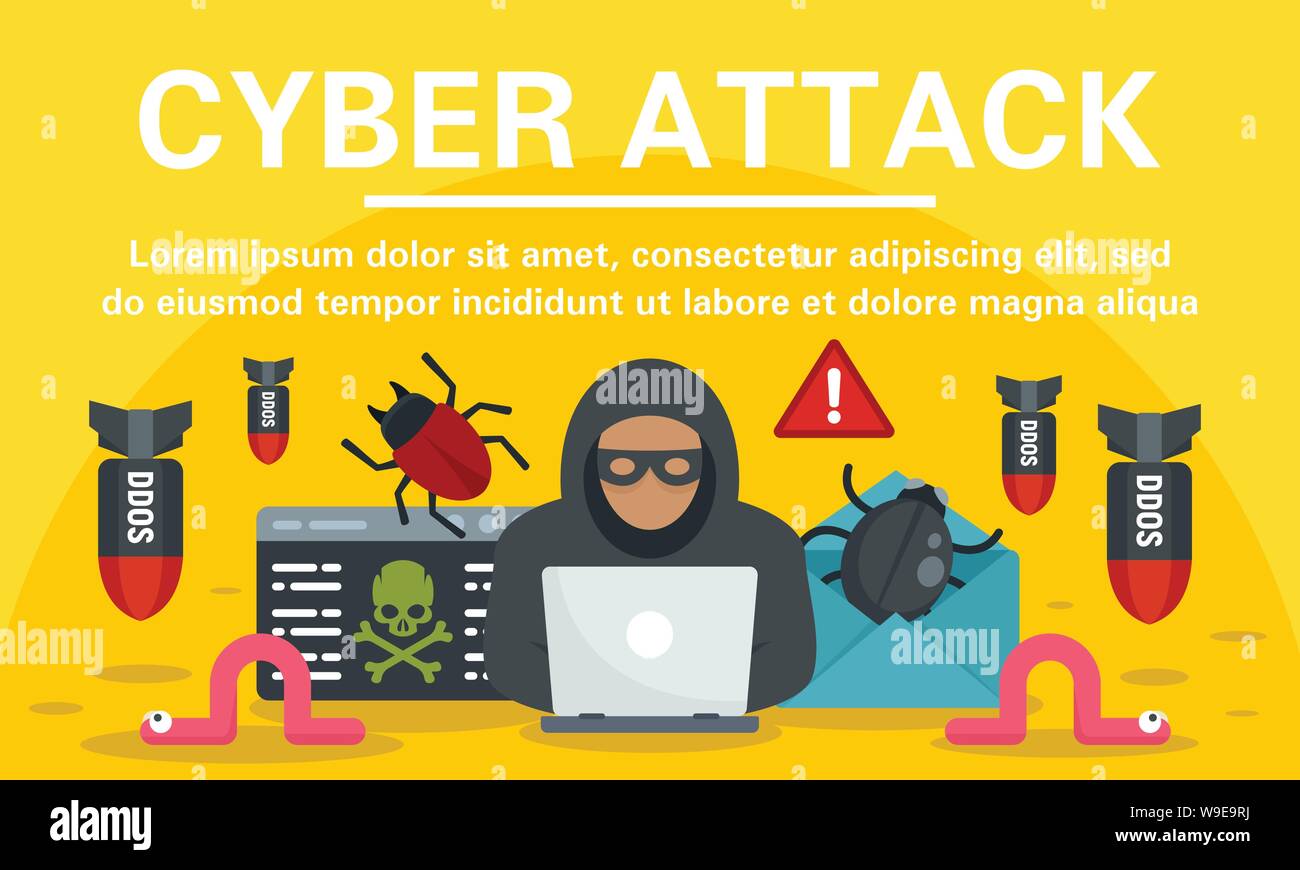 Hacker cyber attack concept banner. Flat illustration of hacker cyber ...