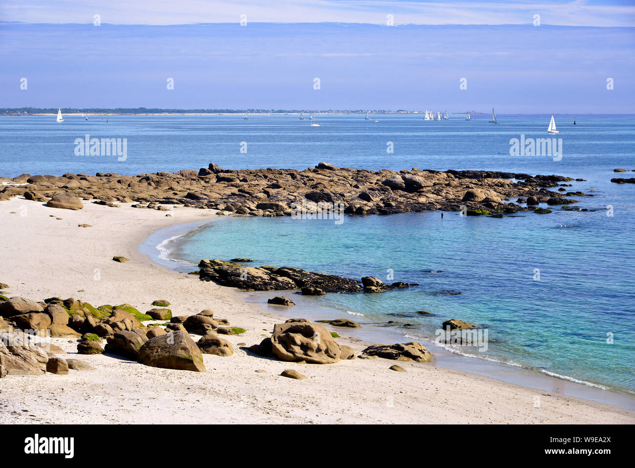 Beach of Beg Meil, a French peninsula, surrounded to the east by the ...