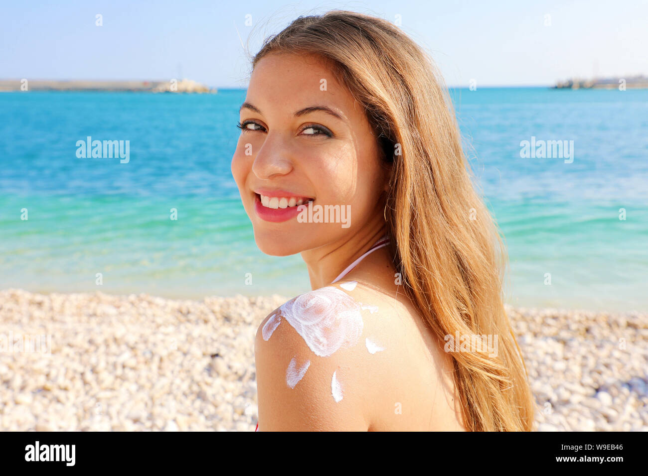 Protective Sun Cream Young Woman With Sun Shape On The Shoulder