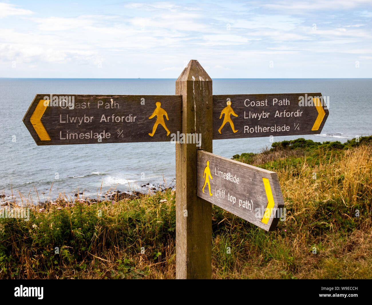 Coastal footpath signpost on the coastal path between Rotherslade and ...