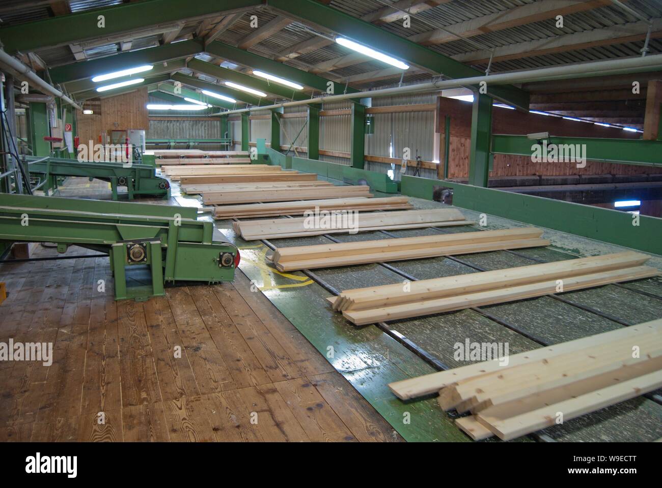 Inside a large sawmill, where the wood is automatically cut to boards ...