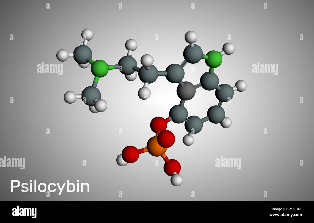 Psilocybin alkaloid molecule. It is naturally psychedelic prodrug. 3D ...
