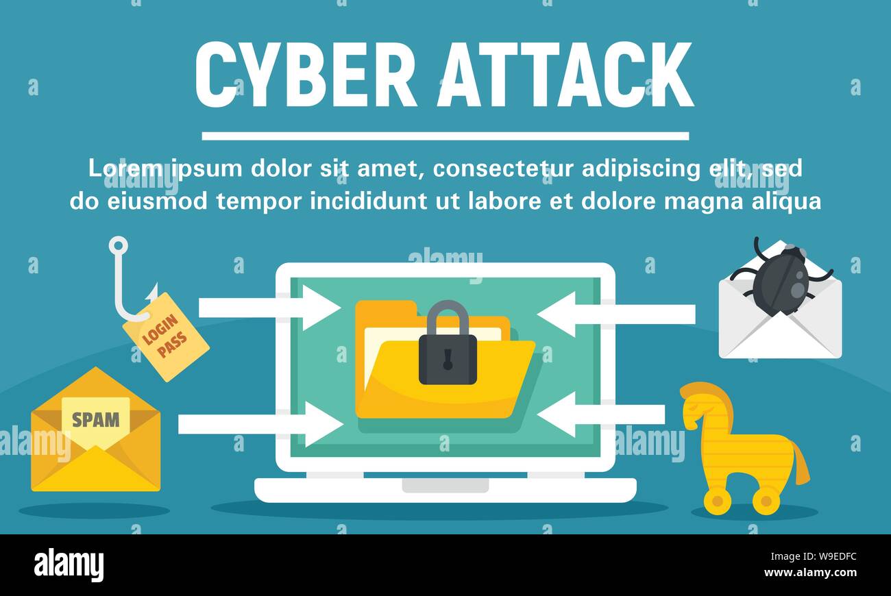 Cyber attack concept banner. Flat illustration of cyber attack vector ...