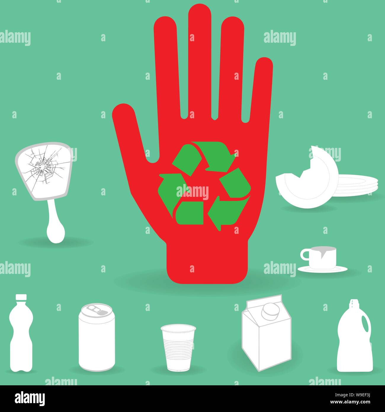 Red hand with recycling symbol on it together with broken mirror, plate ...