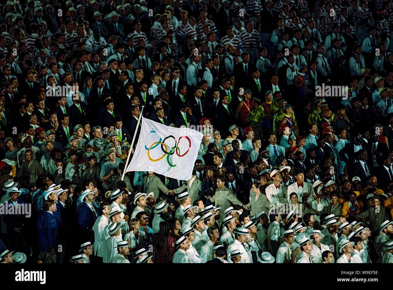 Olympic flag during the opening ceremonies at the 1992 Olympic Summer ...