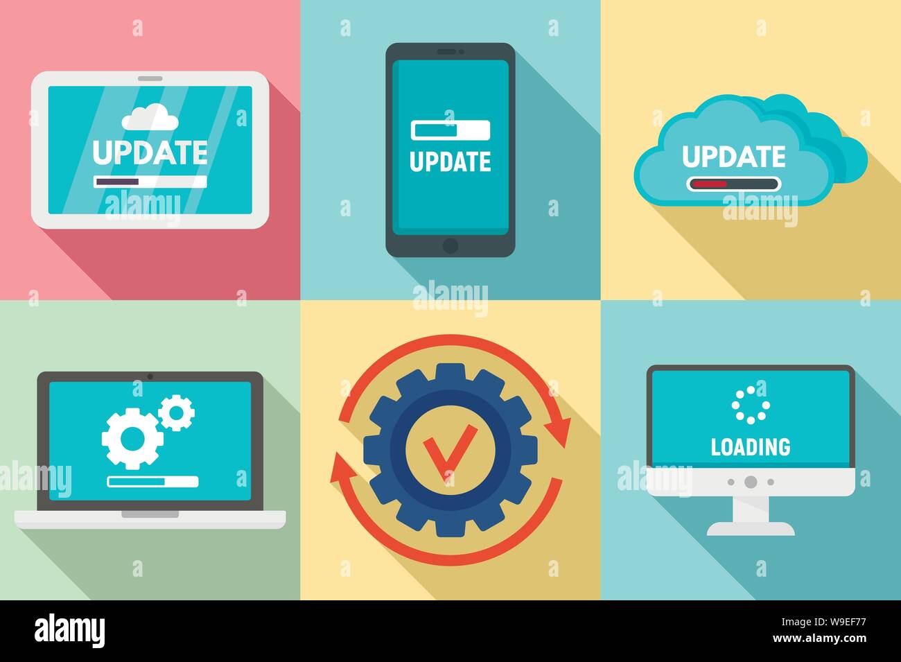 System update icons set. Flat set of system update vector icons for web design Stock Vector ...