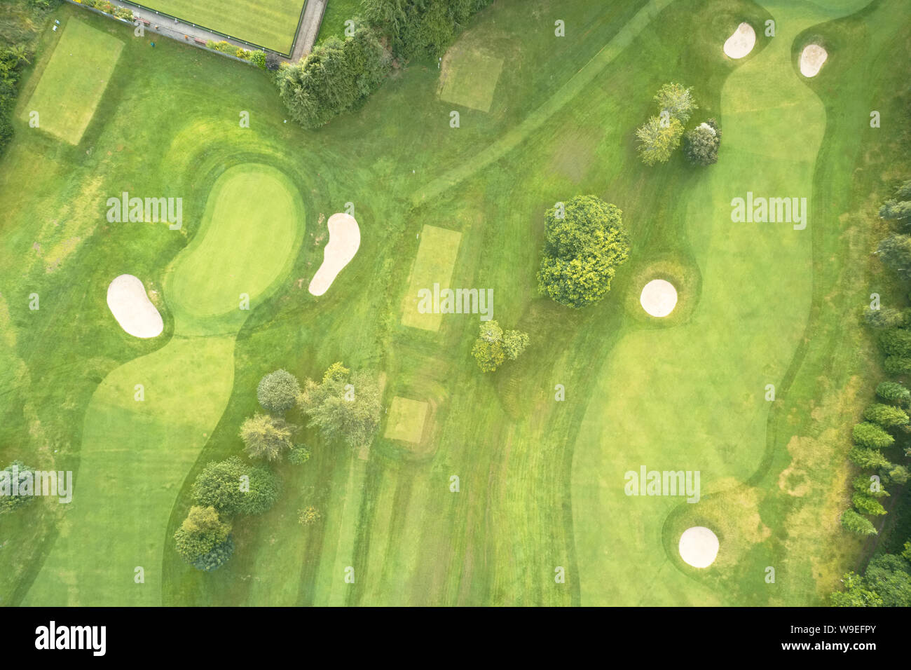 Aerial view of links golf course during summer showing green and ...