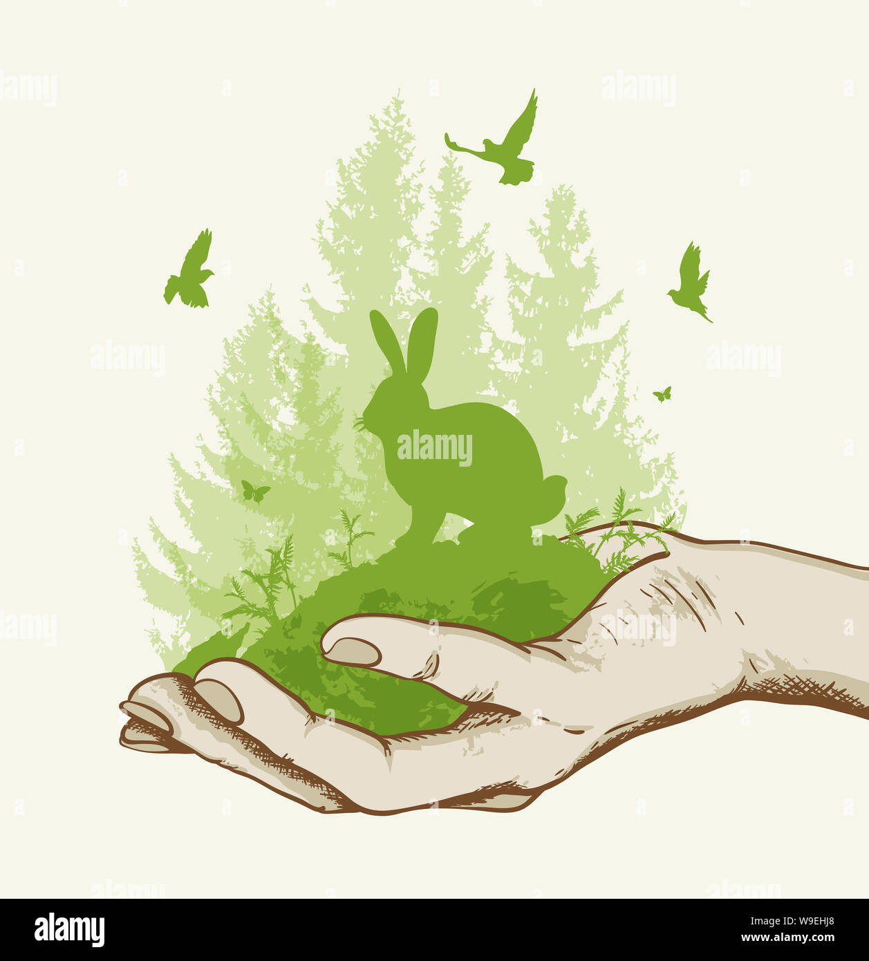 Green fir tree, rabbit and birds in the hand. Ecology concept Stock ...