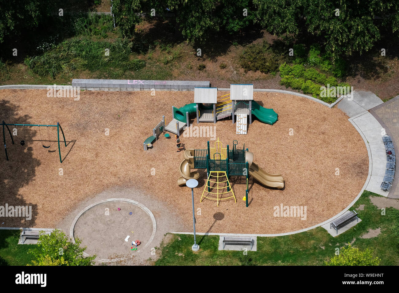 Overhead view of children's playground equipment, one unidentifiable ...